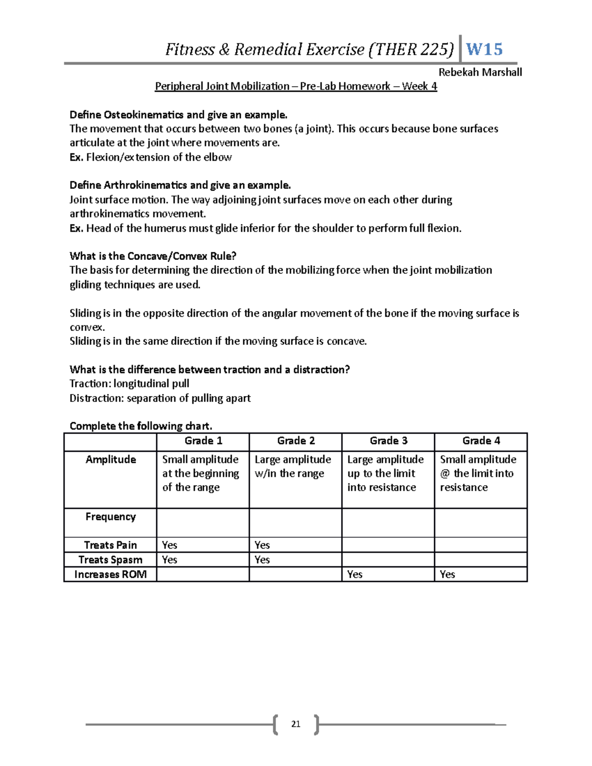 PRE LAB Homework - WEEK 4 - Fitness & Remedial Exercise (THER 225) W ...