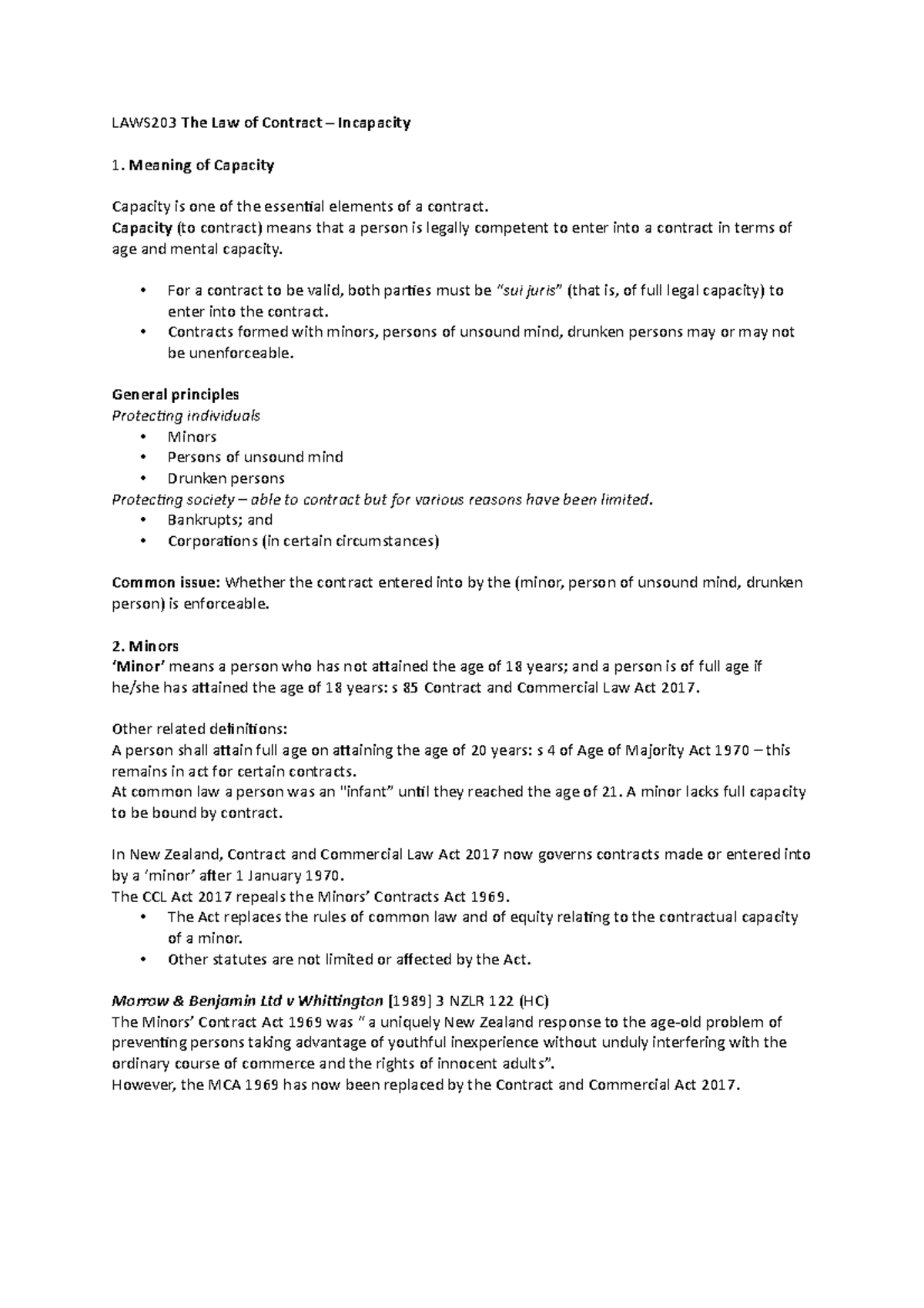 Incapacity outline + notes - LAWS203 The Law of Contract – Incapacity ...