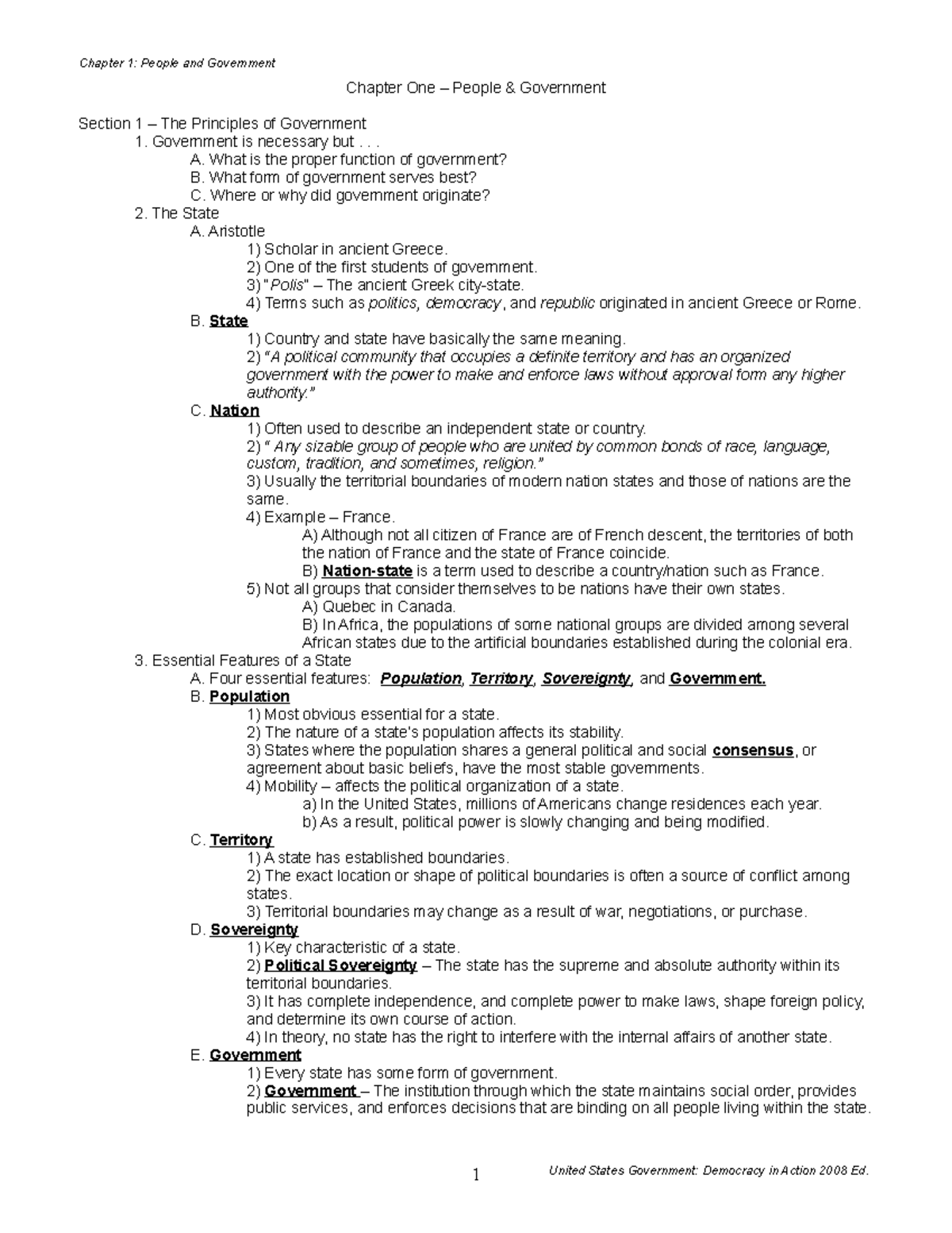 Unit One Outline - unti one - Chapter One – People & Government Section ...