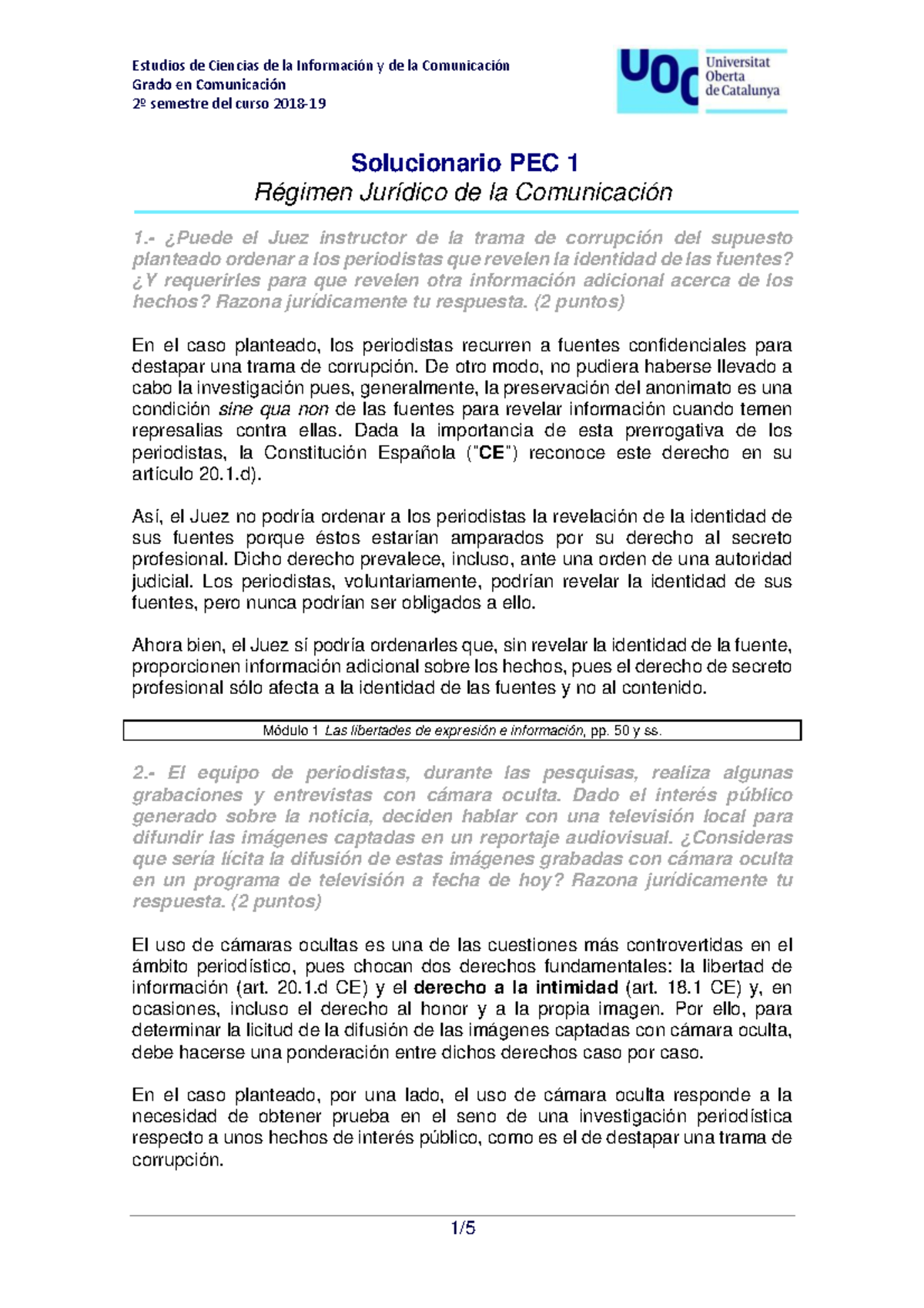 Solucionario PEC 1. 2º semestre 2018-2019 - Warning: TT: undefined function: 32 Grado en - Studocu