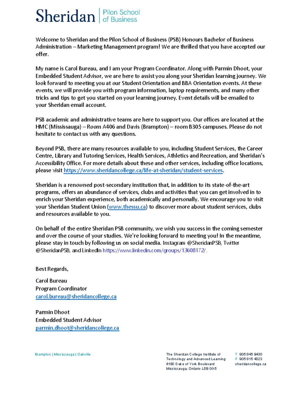 1231 Pbbam welcome letter - Welcome to Sheridan and the Pilon School of ...