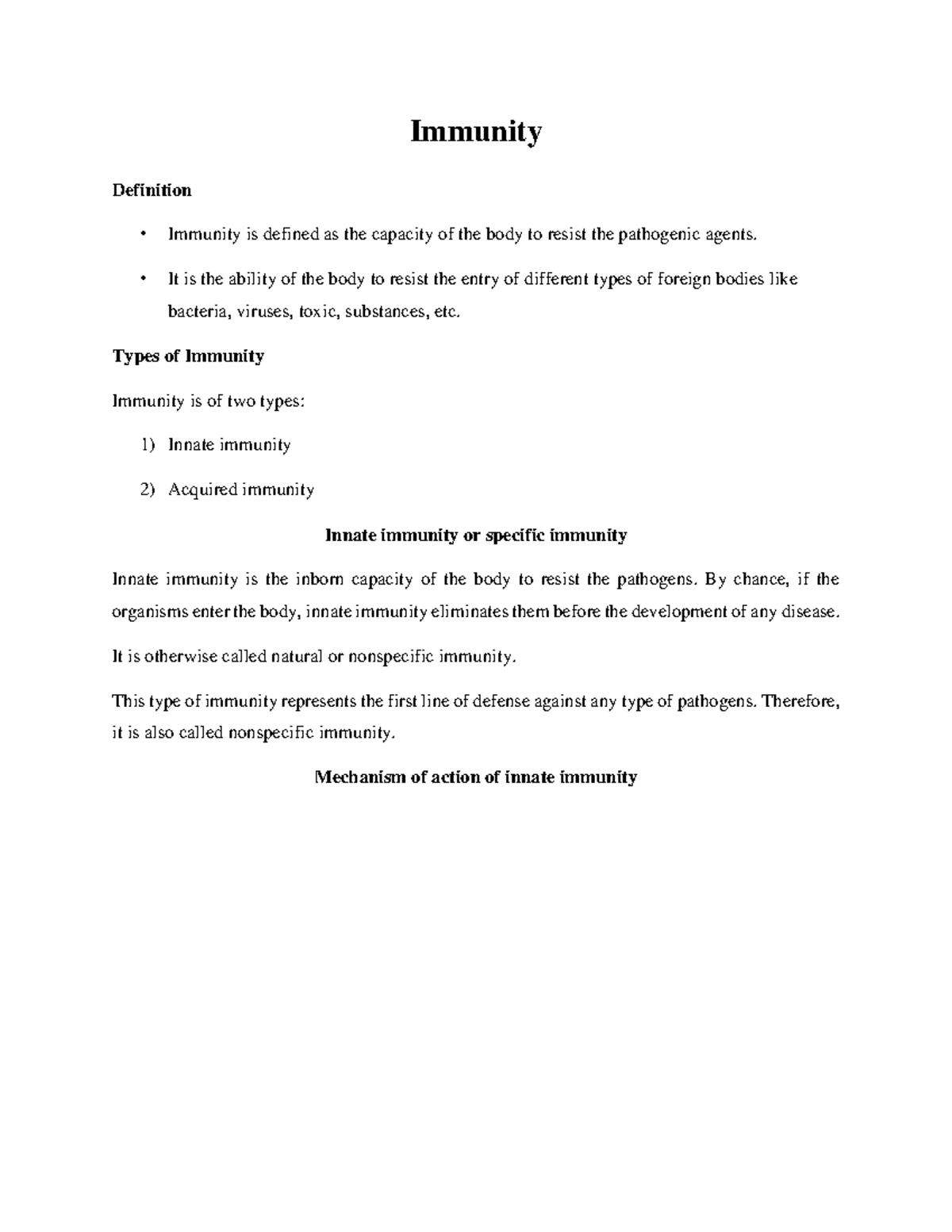 Immunity - Lecture notes 1 - Immunity Definition - Immunity is defined ...