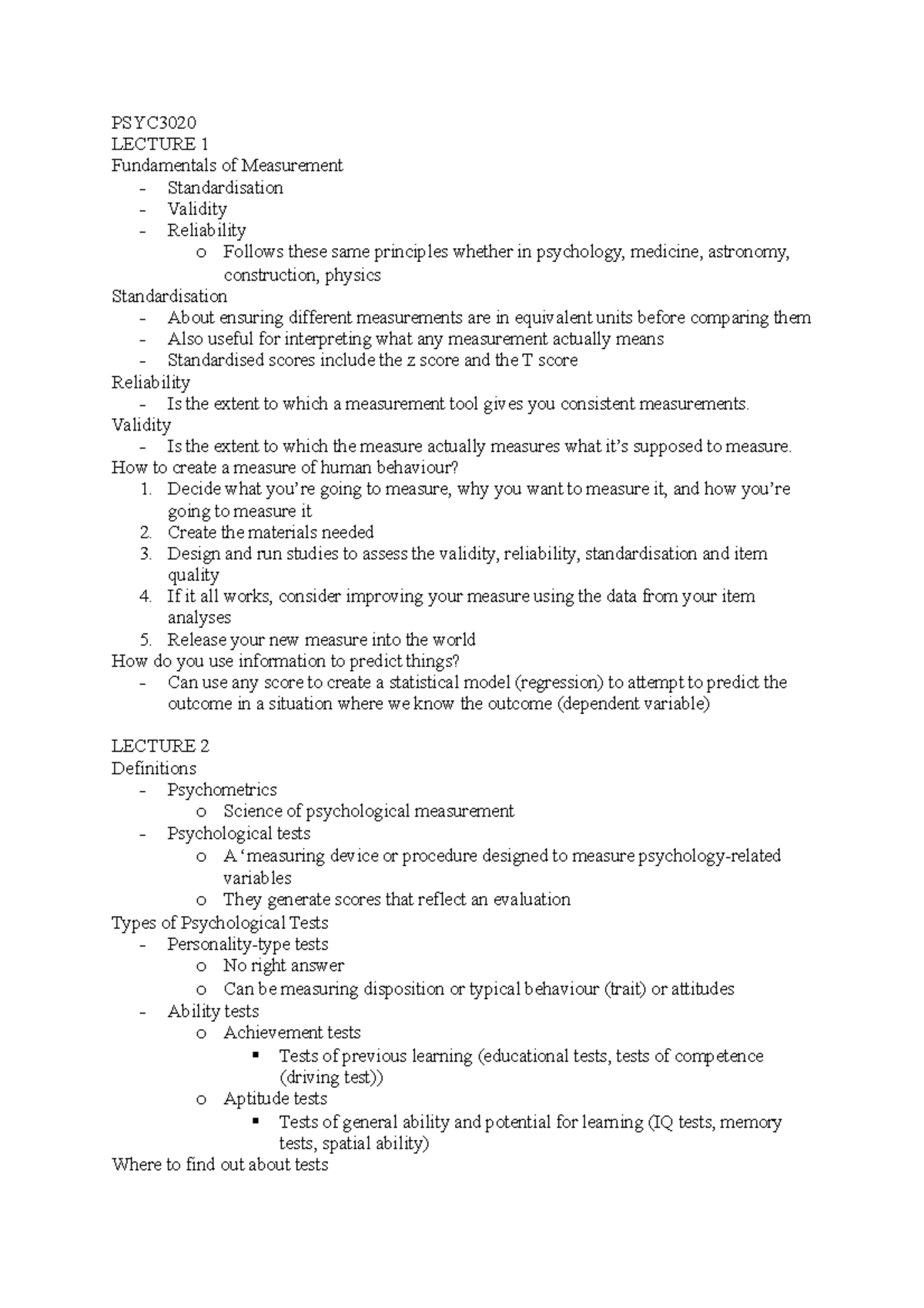 Psyc3020 Lecture Notes Psyc Lecture 1 Fundamentals Of Measurement Standardisation Validity