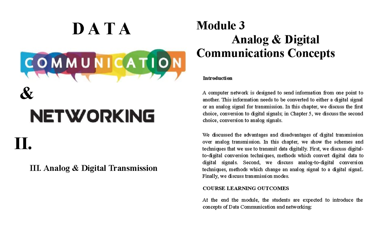 Data Communication Module 3 - D A T A & II. III. Analog & Digital ...