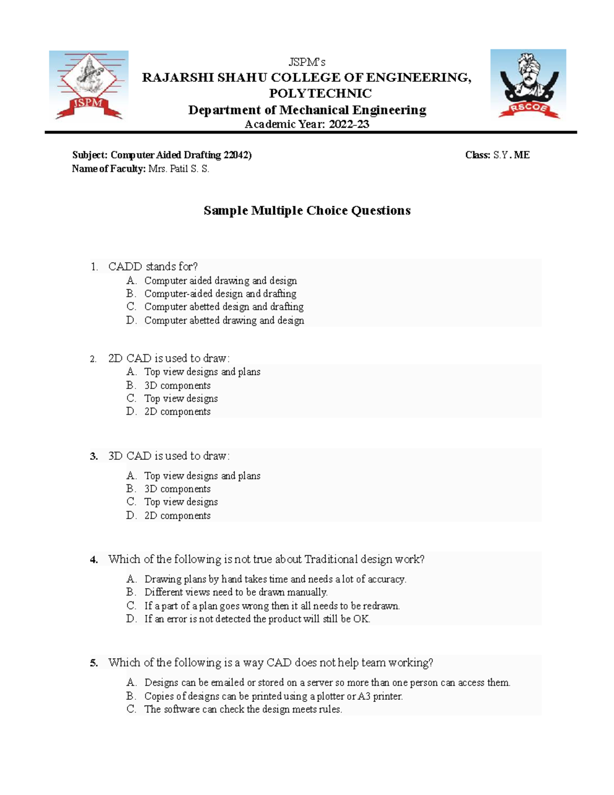Sample MCQ CAD - JSPM’s RAJARSHI SHAHU COLLEGE OF ENGINEERING ...