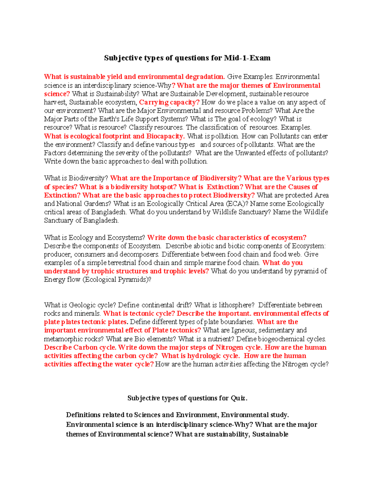 Mid-1- Pattern of Subjective Types of questions for Mid -1 - Subjective ...