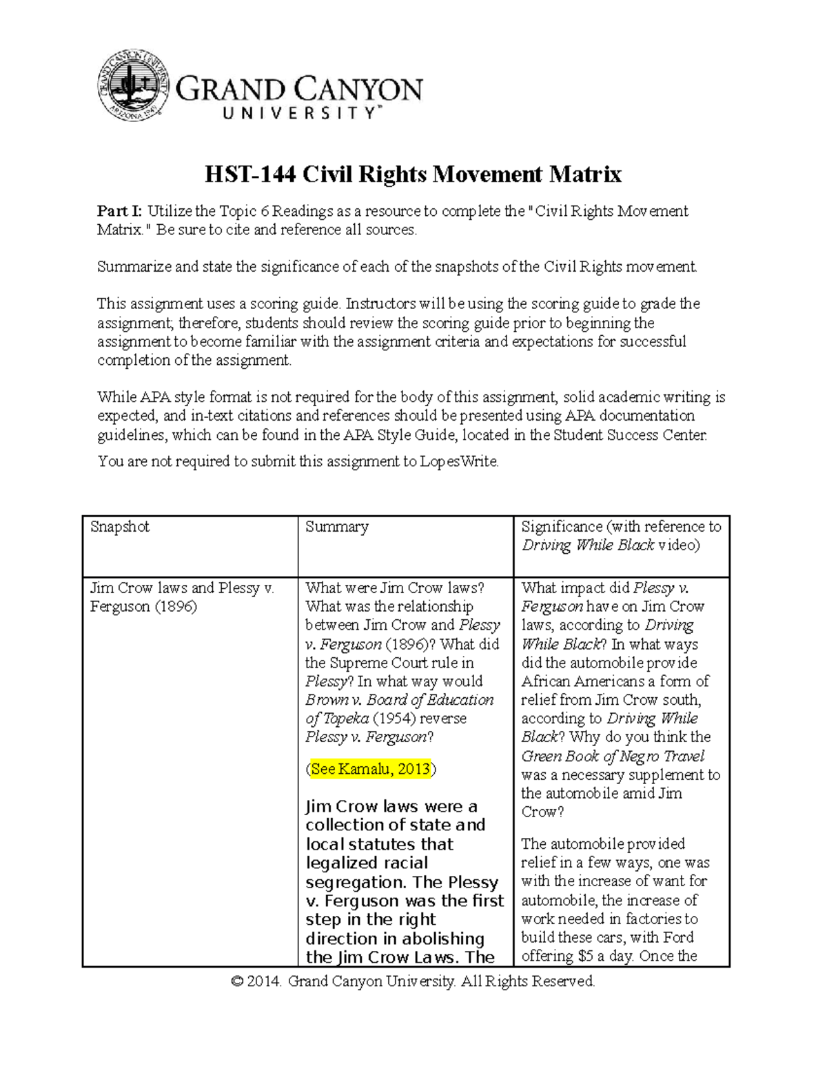 HIS-144 Civil Rights Matrix - HST-144 Civil Rights Movement Matrix Part ...