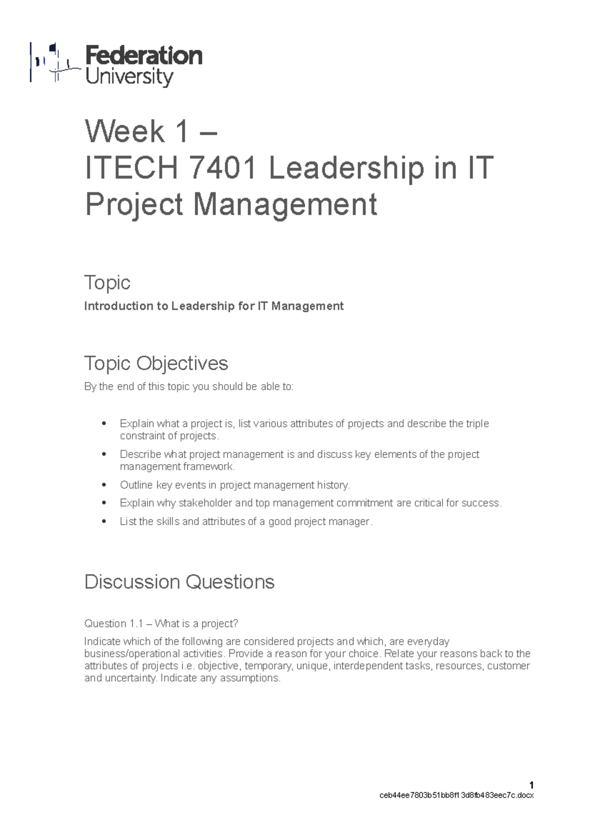 Itech 7401 01 tutorial - lab material - Week 1 – ITECH 7401 Leadership ...