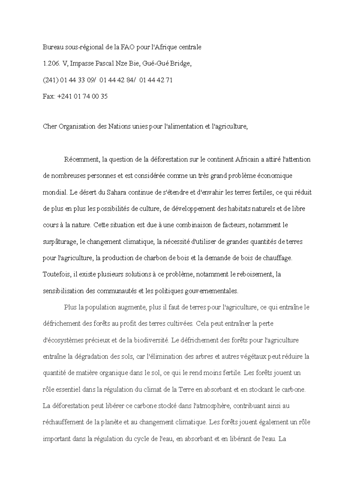 Deforestation Letter - Bureau sous-régional de la FAO pour l'Afrique ...
