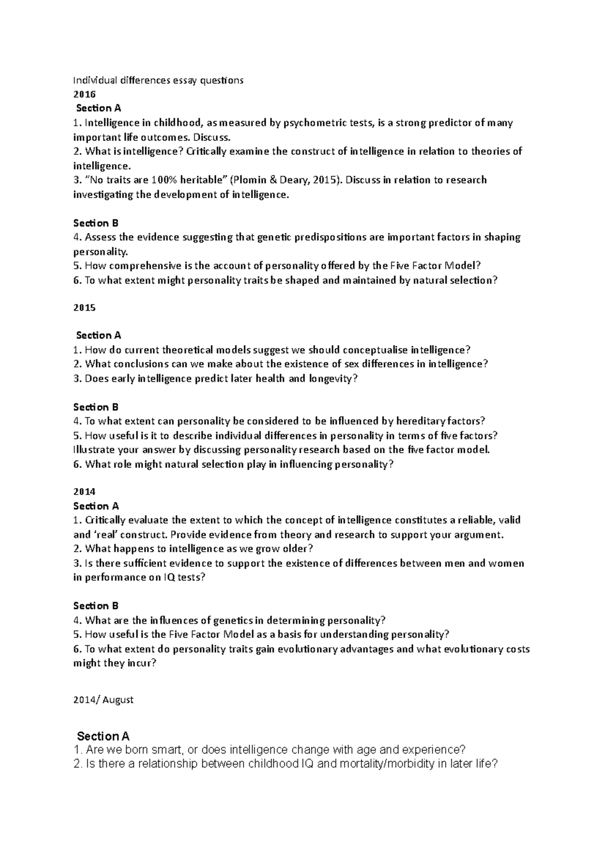 Exam 6 June 2016, questions - Individual differences essay questions ...