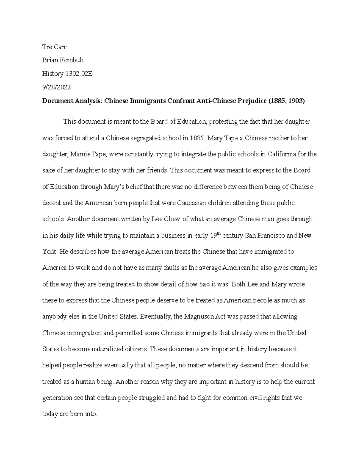 Chinese Immigrants Doc analysis - Tre Carr Brian Fombuh History 1302 9 ...