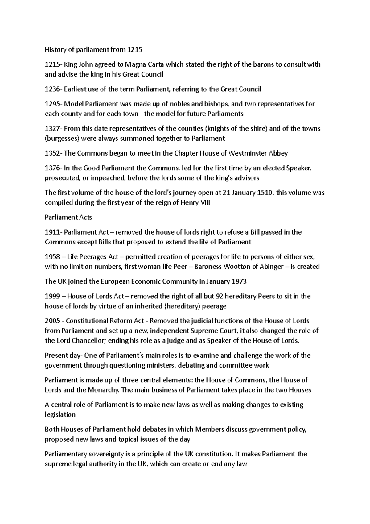 History of parliament from 1215 - Present day- One of Parliament's main ...