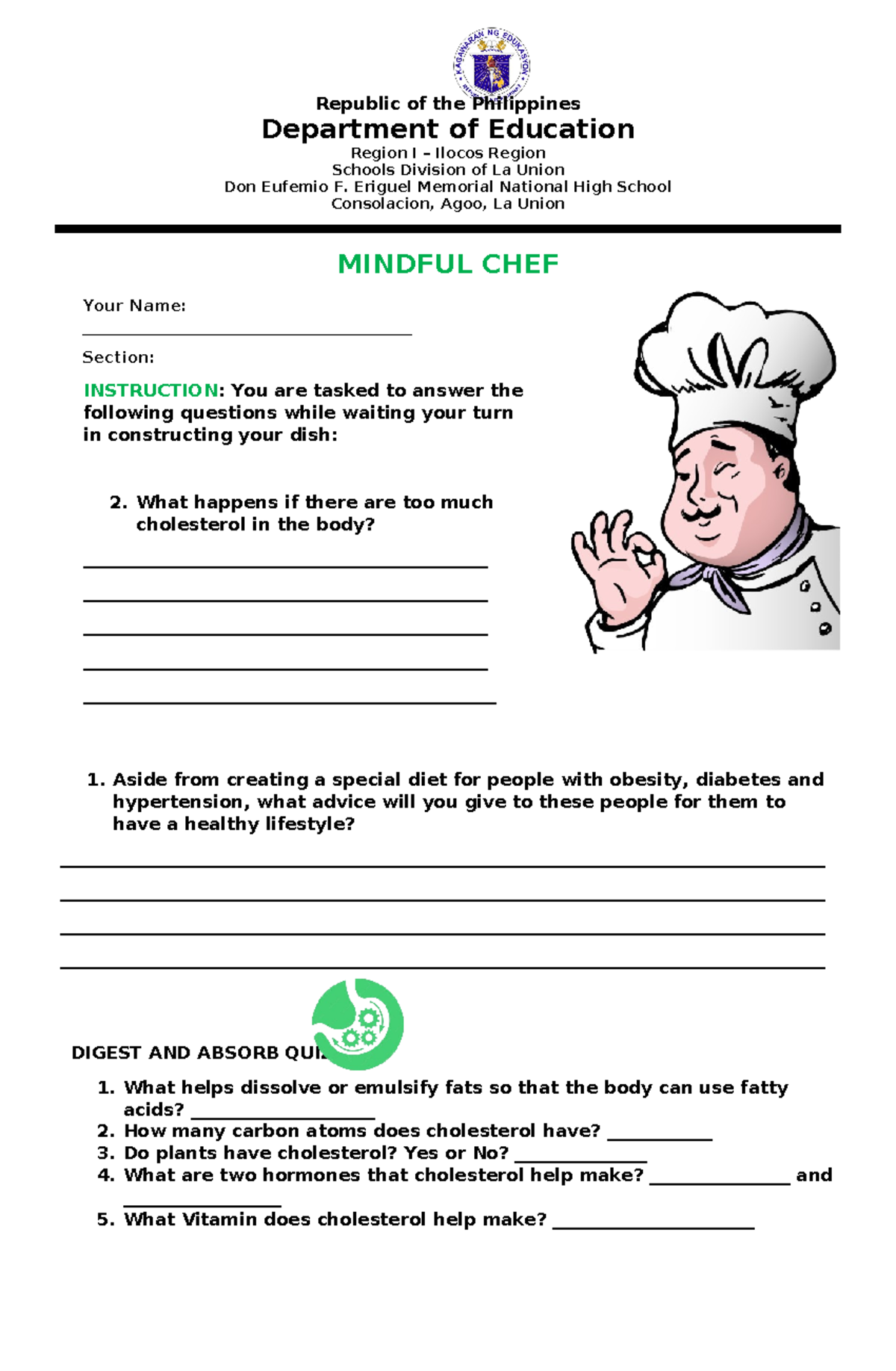 Cholesterol Activity Sheet - Republic of the Philippines Department of ...
