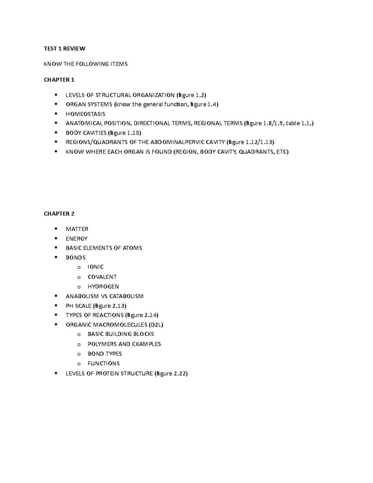 Lecture TEST 1 Review - TEST 1 REVIEW KNOW THE FOLLOWING ITEMS CHAPTER ...
