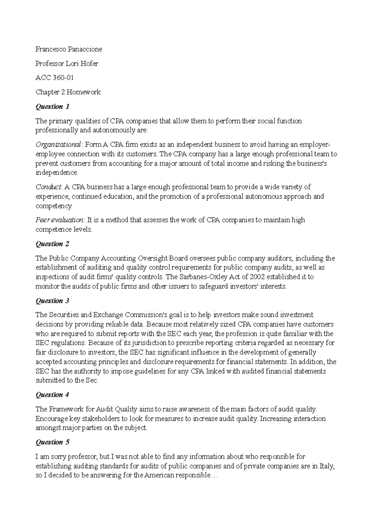Chapter 2 Auditing Homework - Francesco Panaccione Professor Lori Hofer ...