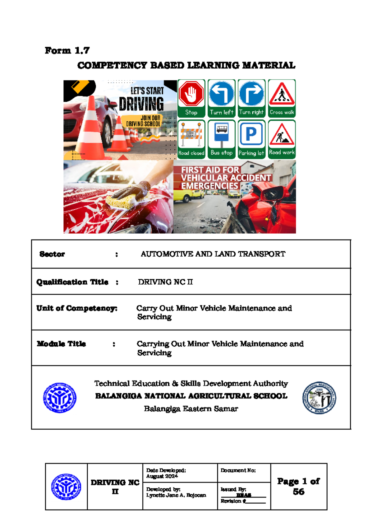 Form-1 - CBLM for driving - Form 1. COMPETENCY BASED LEARNING MATERIAL ...