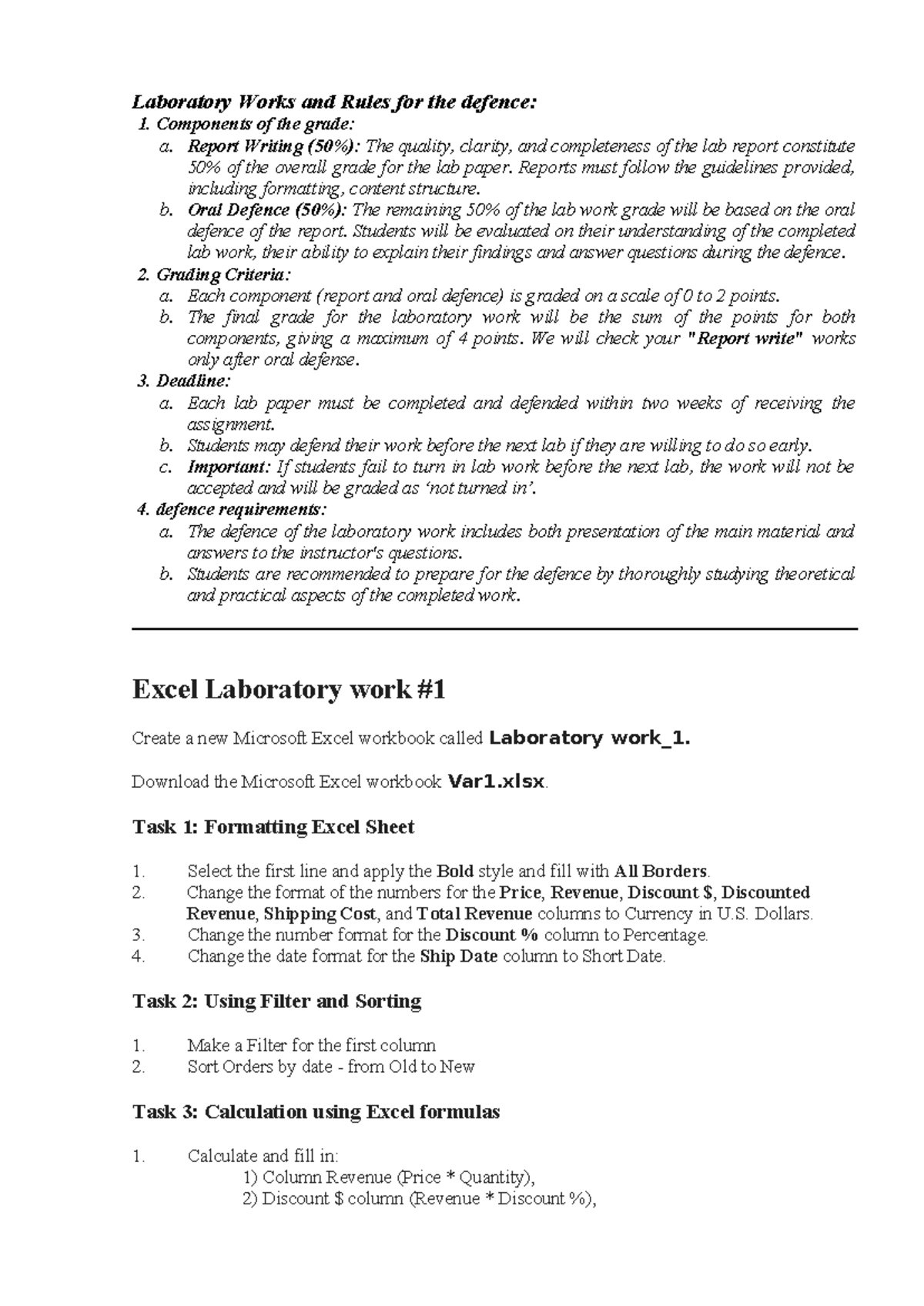 Excel Laboratory work - ICT PRACTICE 1 - Laboratory Works and Rules for ...