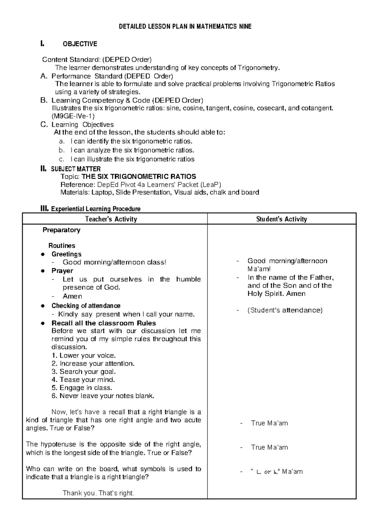 Detailed Lesson PLAN IN Mathematics 9 (trigo) - DETAILED LESSON PLAN IN ...