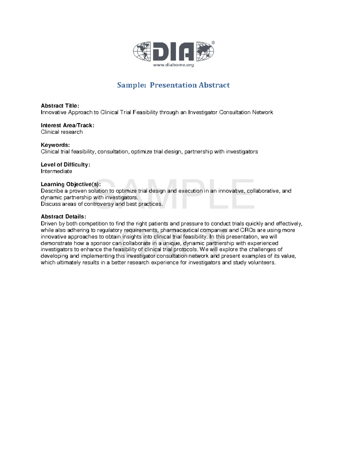 Sample presentation abstract - SAMPLE ONLY Sample: Presentation ...