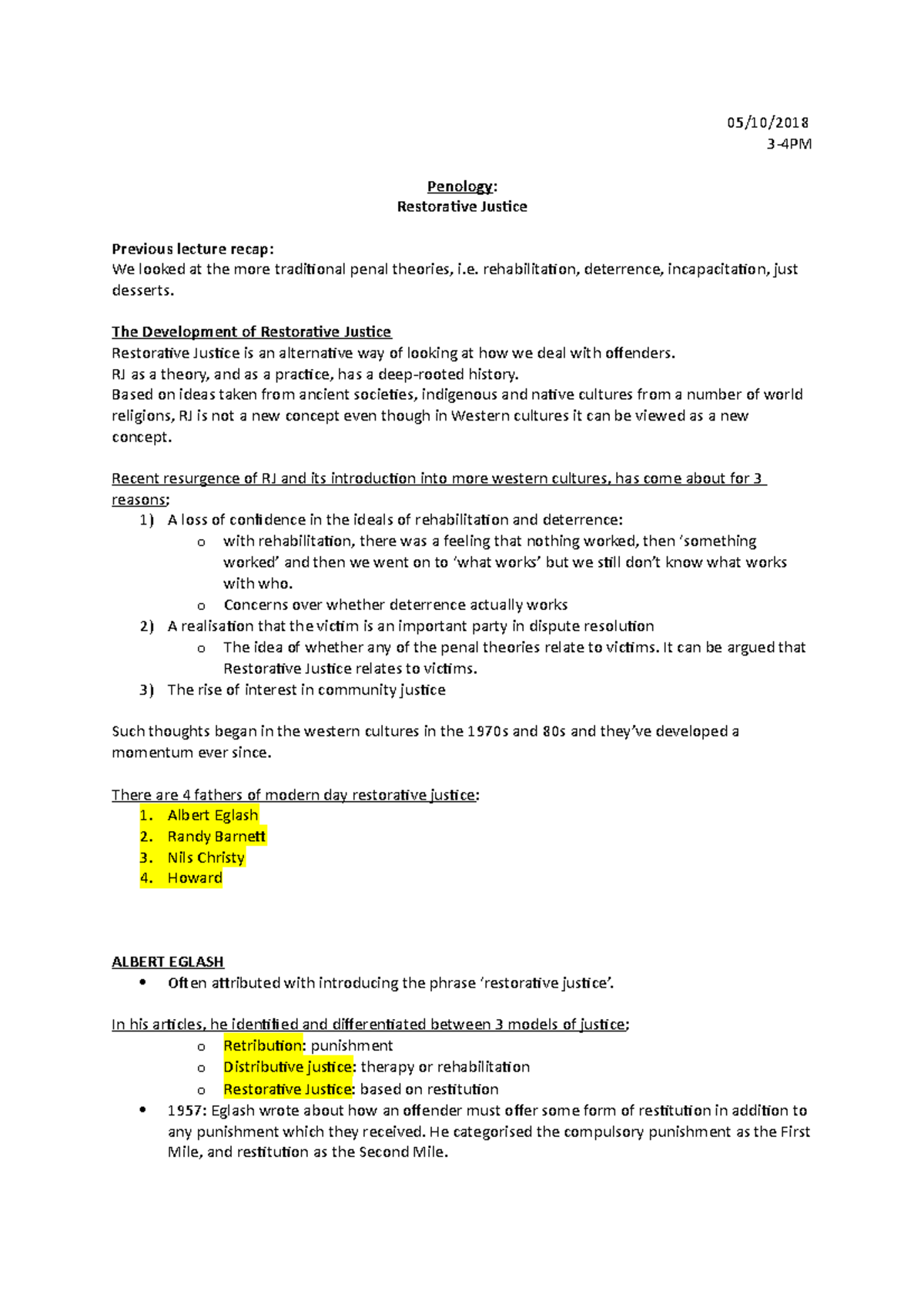 L3 Penology - Lecture notes 3 - 05/10/ 3-4PM Penology : Restorative ...