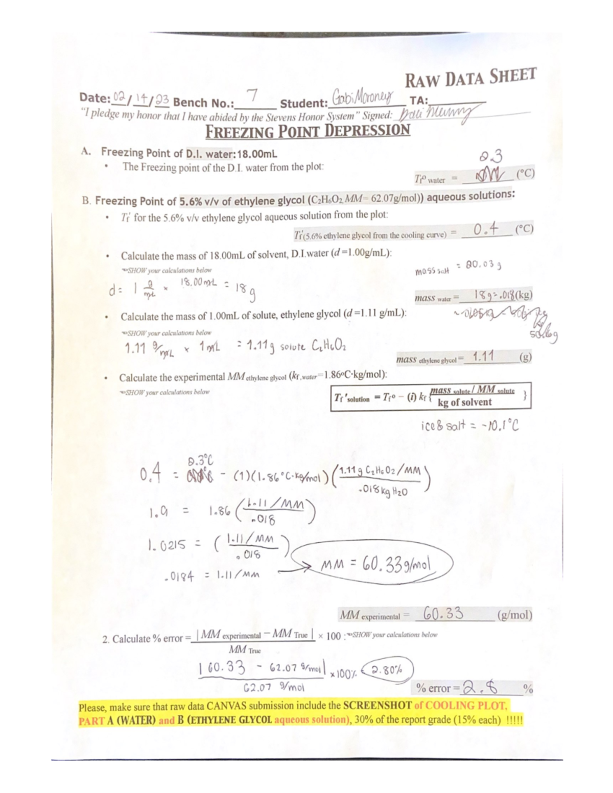 Wet lab 4 - Lab raw data sheet - RAW DATA SHEET Date: Bench No.: 7 ...
