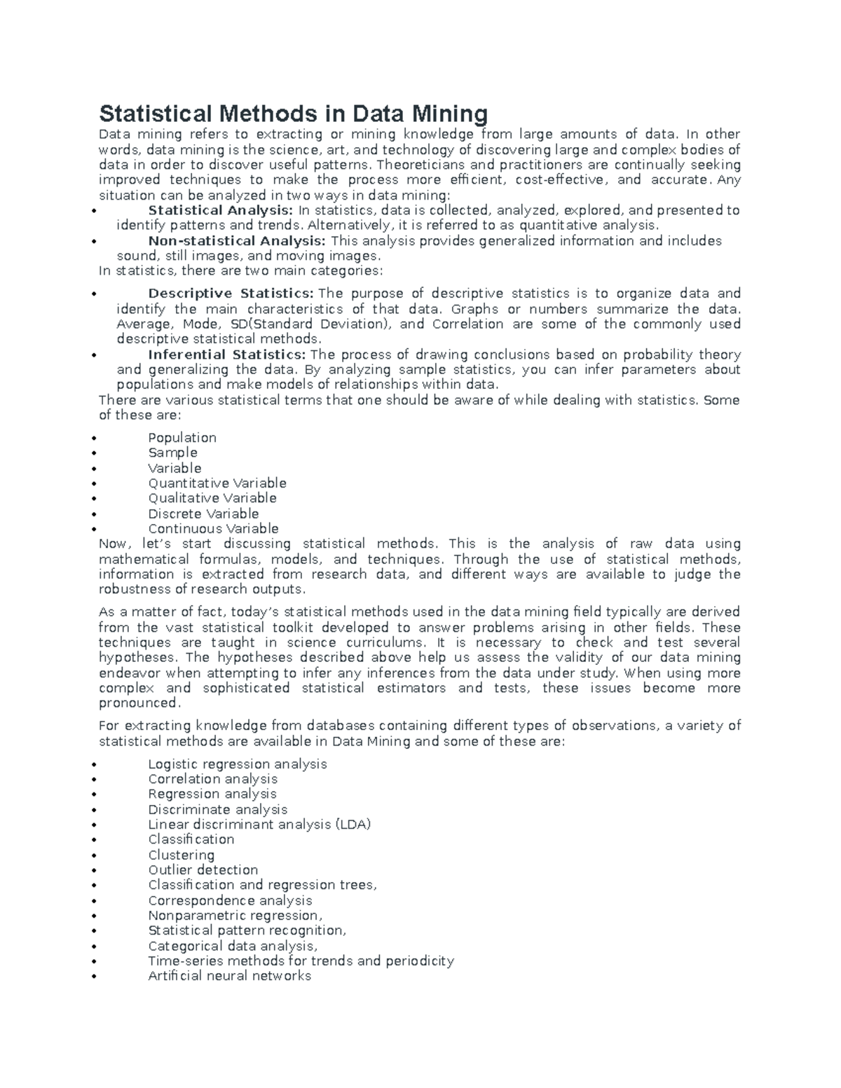 Data Science m-1 part-2 - Statistical Methods in Data Mining Data ...