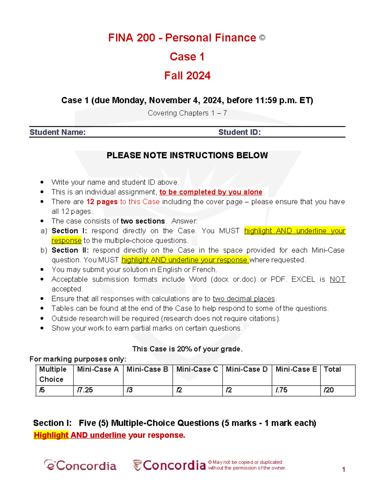 Case 1 Fall 2024 - Case 1 - © May not be copied or duplicated without the permission of the ...