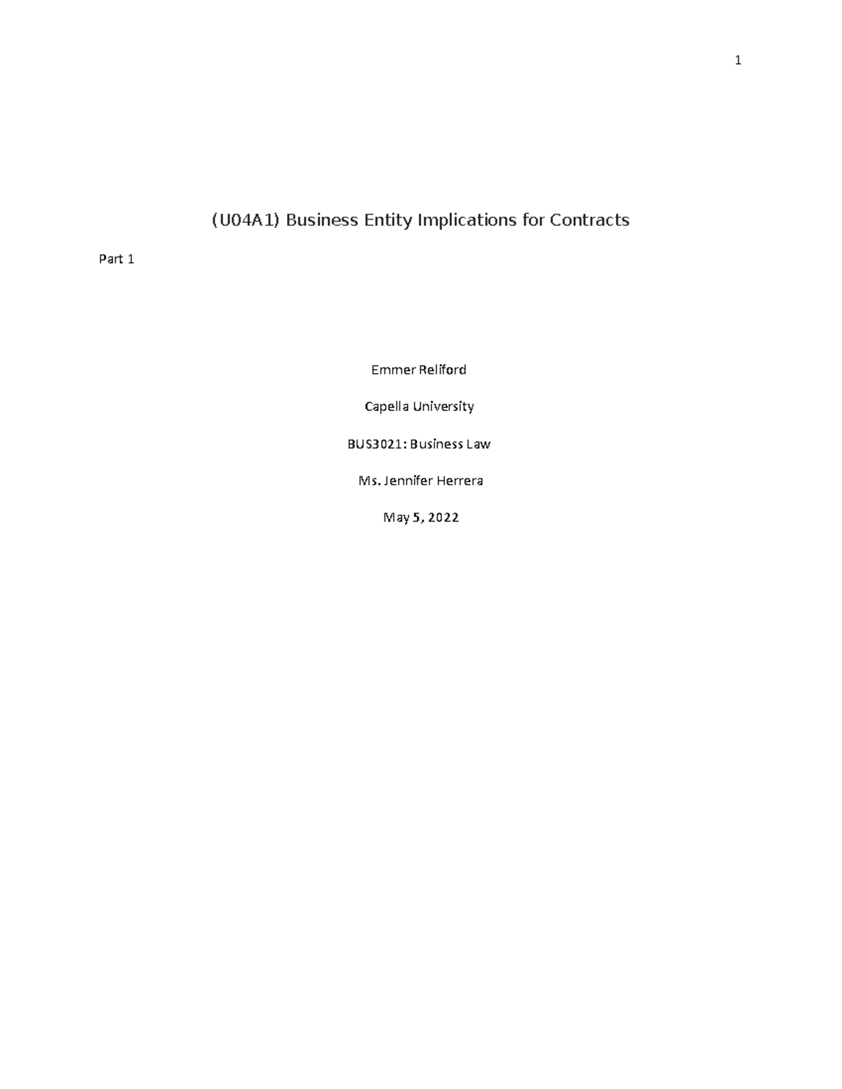 Unit 4 Assignment 1 BUS3021 Part 1 - (U04A1) Business Entity ...