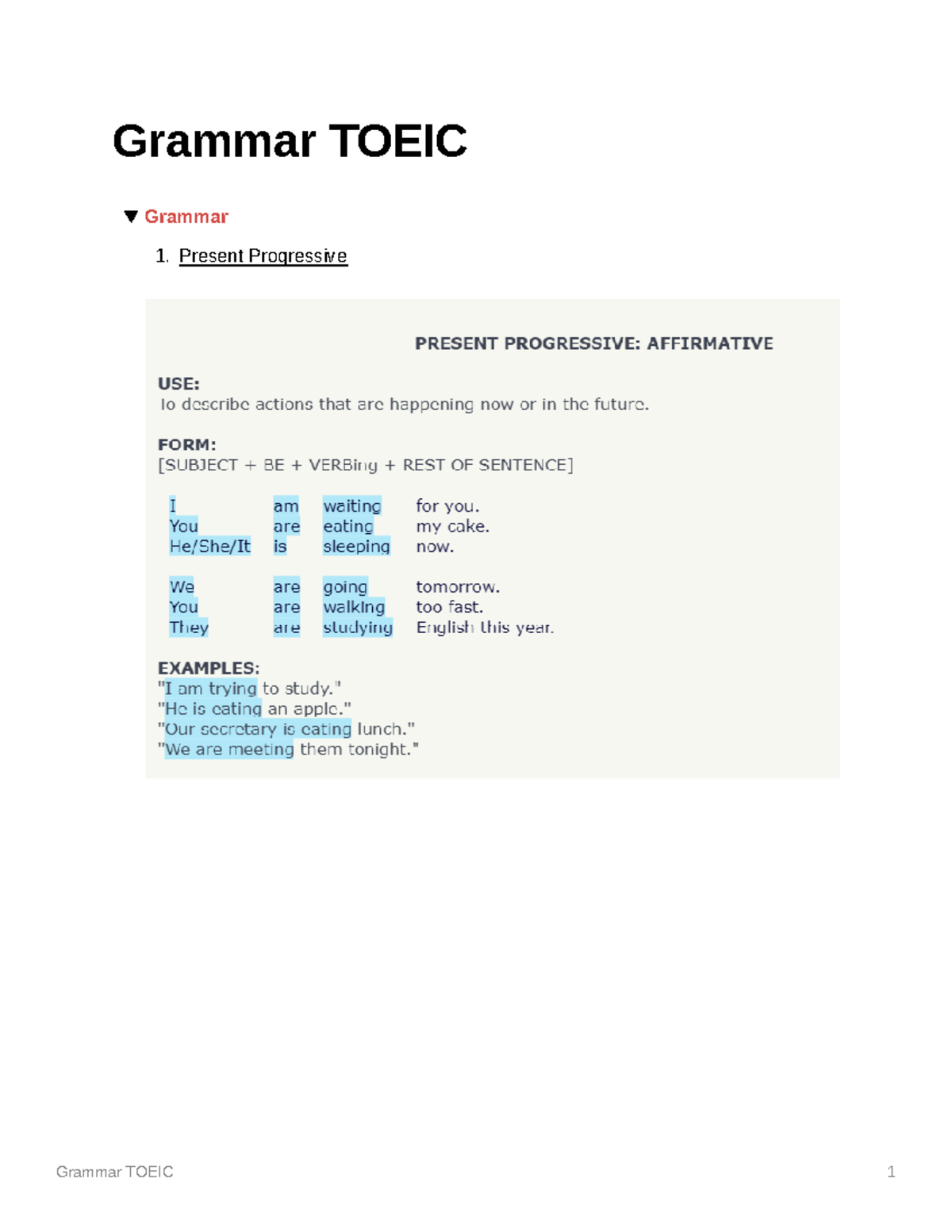 Grammar Toeic - Tài liệu Tiếng anh - Grammar TOEIC Grammar 1. Present Progressive 2. Present ...