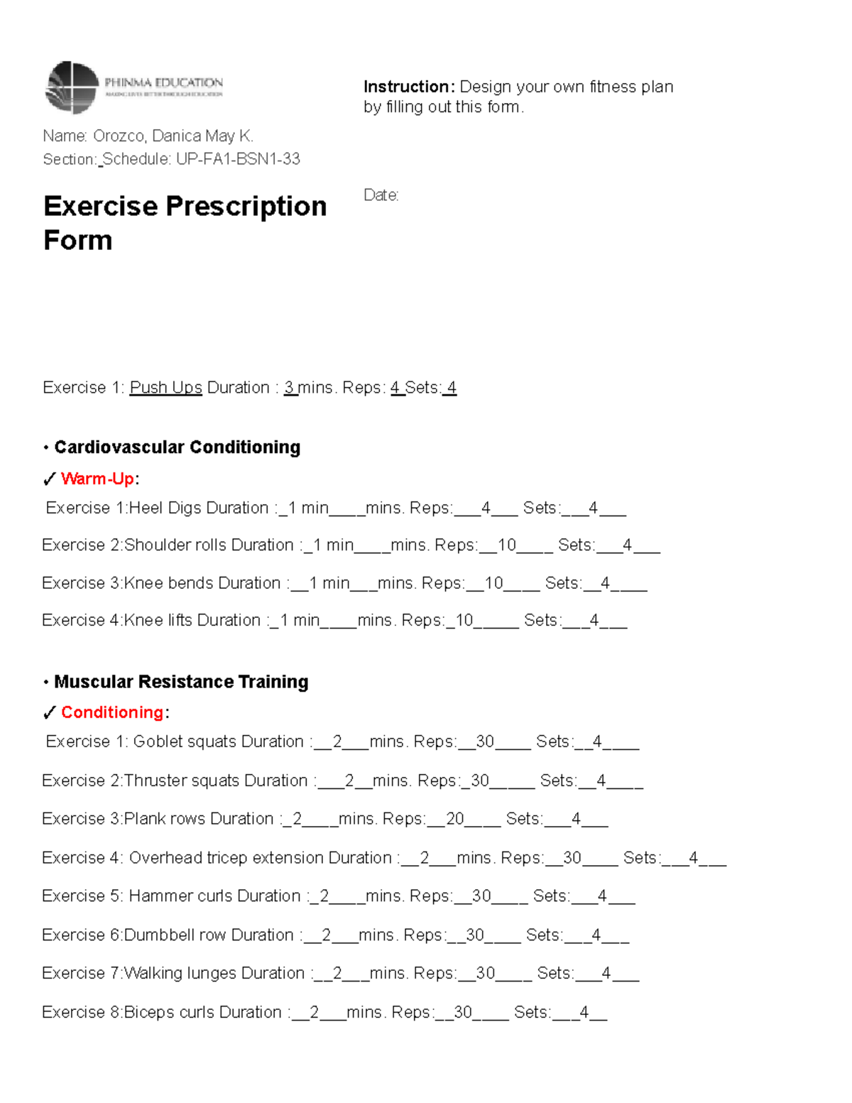 Revised Exercise Prescription - Name: Orozco, Danica May K. Section ...