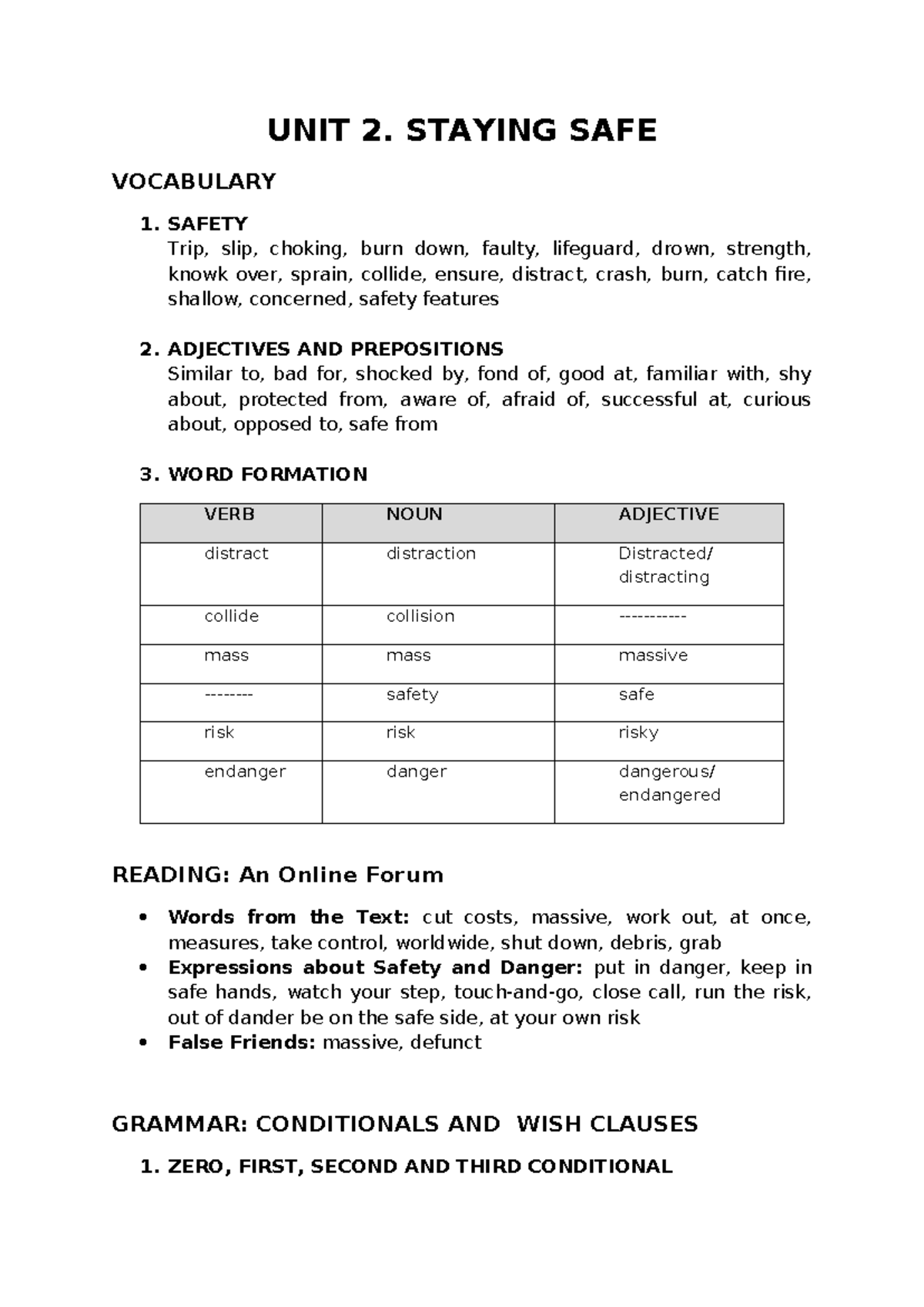 UNIT 2 Notes - UNIT 2. STAYING SAFE VOCABULARY 1. SAFETY Trip, slip ...