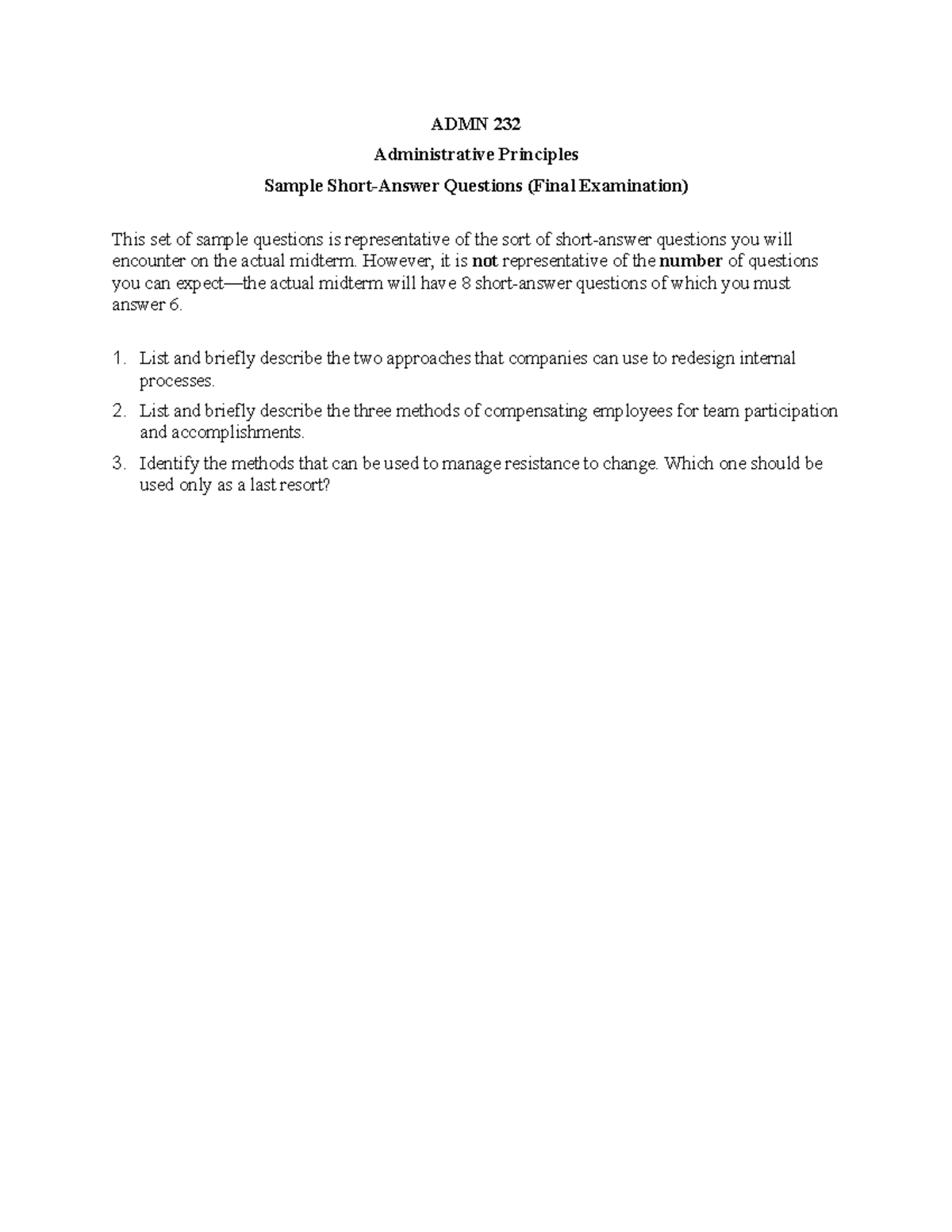 Final 4 September 2019, questions and answers - ADMN 232 Administrative Principles Sample - Studocu