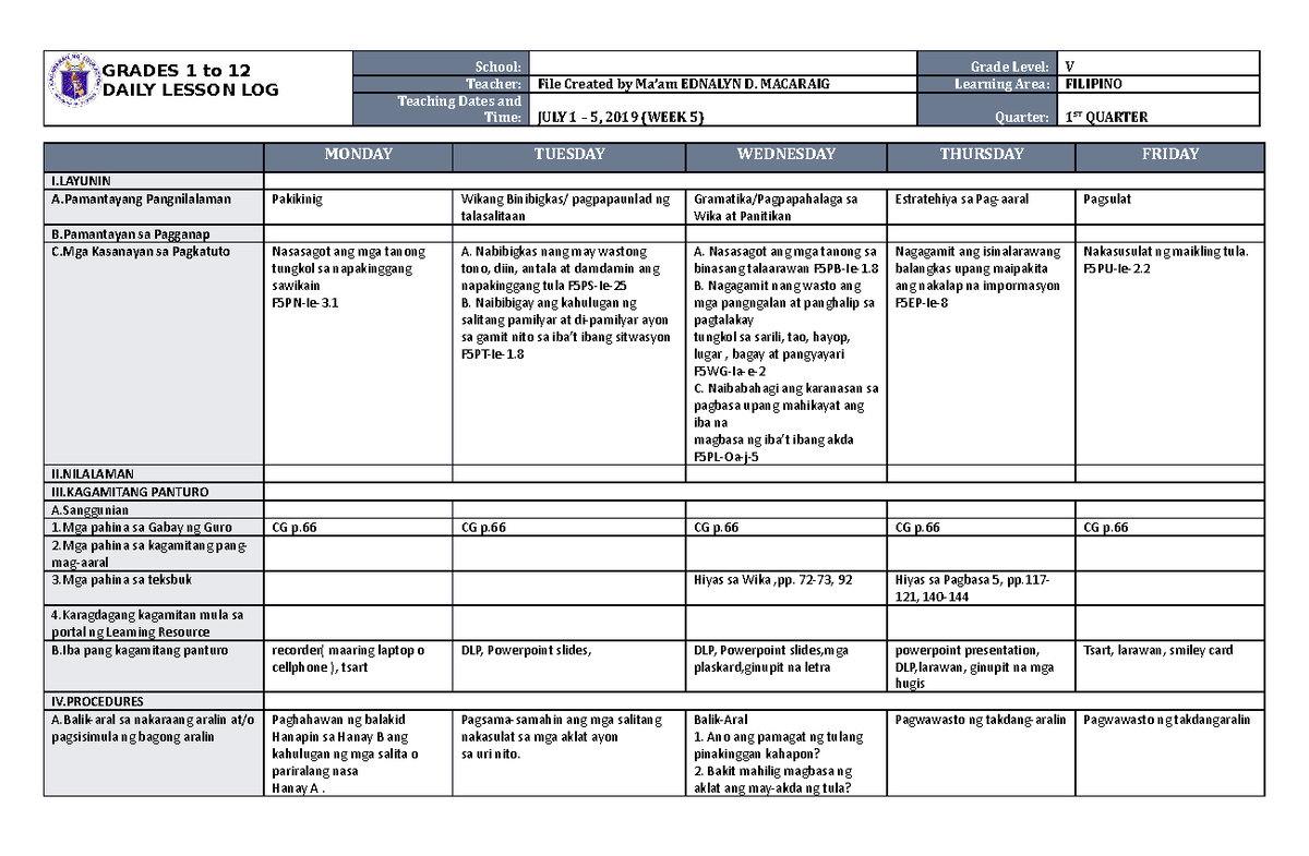 DLL Filipino 5 Q1 W5 - for my tutorial purposes - GRADES 1 to 12 DAILY ...