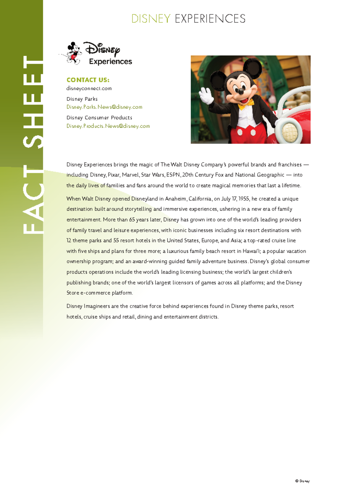 Fact sheet disney experiences 2024 Q2-1 - DISNEY EXPERIENCES FAC T S H E E T Disney Experiences ...