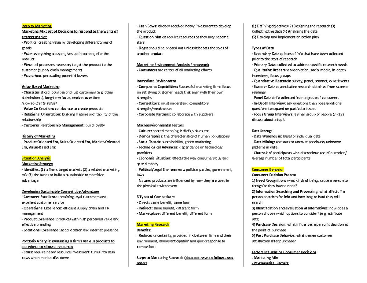COMM 296 Cheat Sheet - Intro to Marketing Marketing Mix: Set of ...
