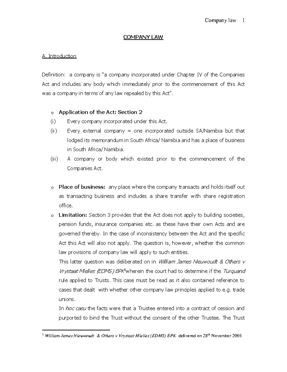 Company law notes - COMPANY LAW A. Introduction Definition: a company ...