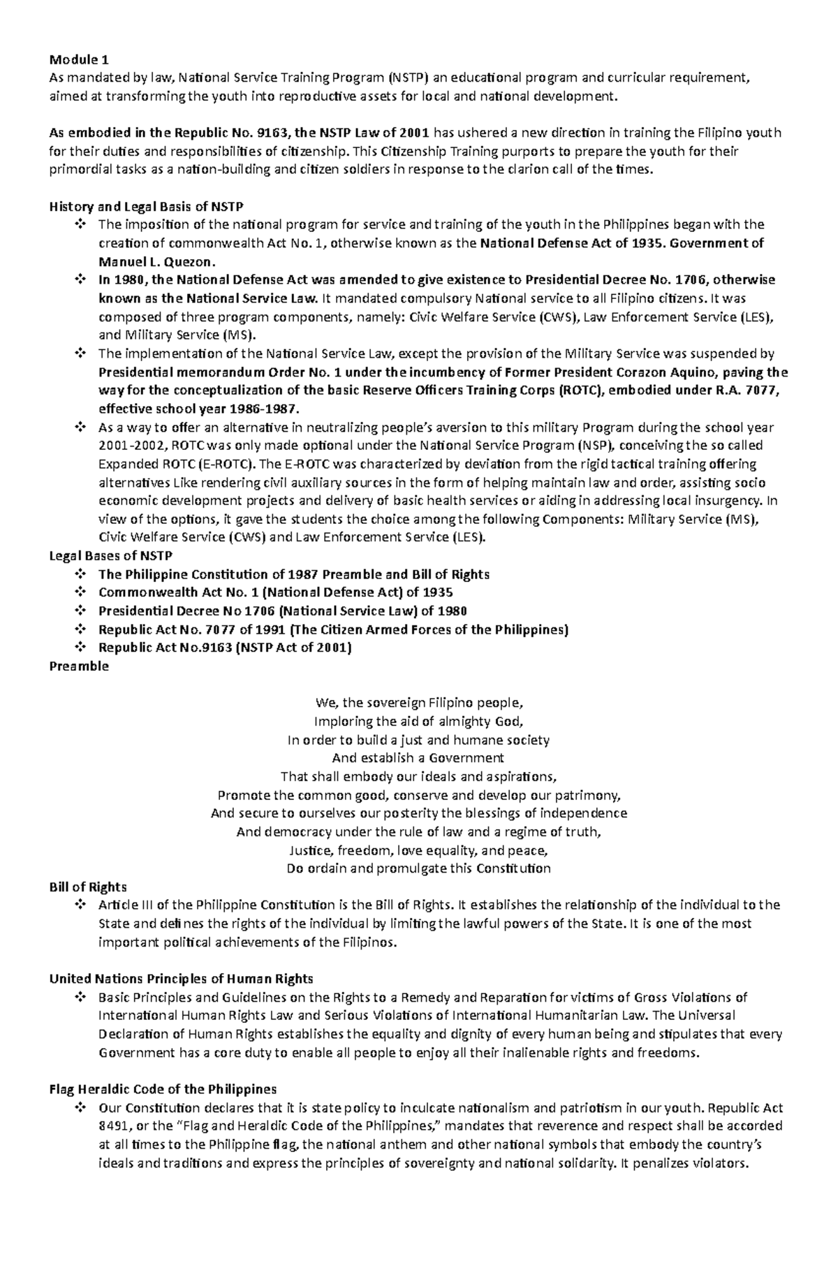 NSTP Transes - Notes - Module 1 As mandated by law, National Service ...