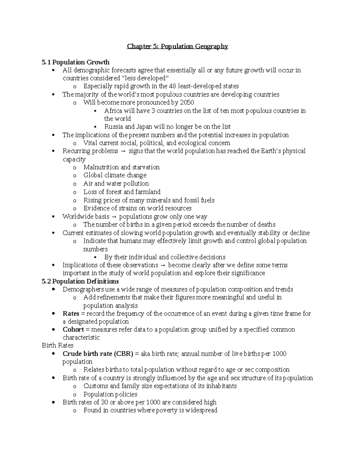 Chapter 5 Notes - Chapter 5: Population Geography 5 Population Growth ...