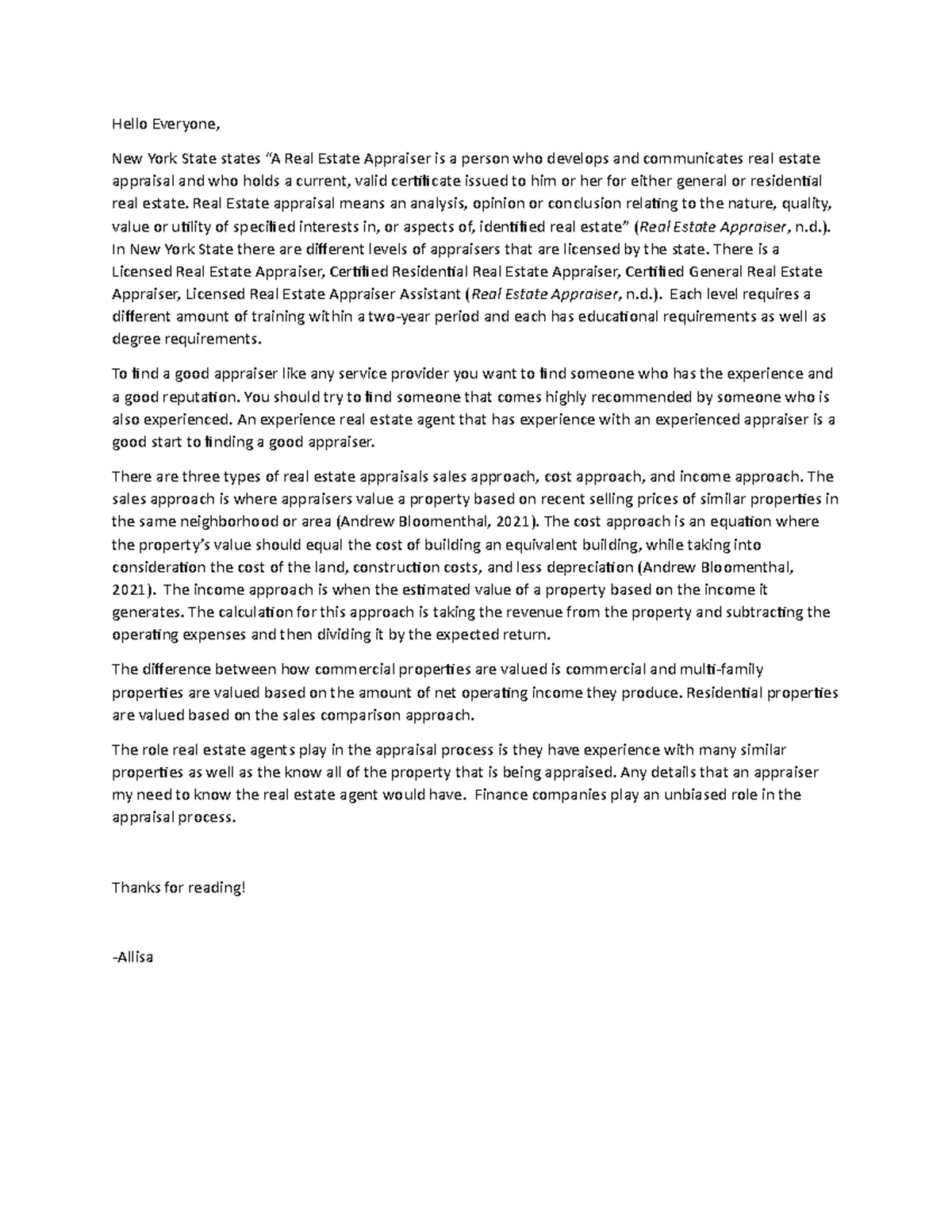 Disc 7-real estate - Discussion 7 - Hello Everyone, New York State ...