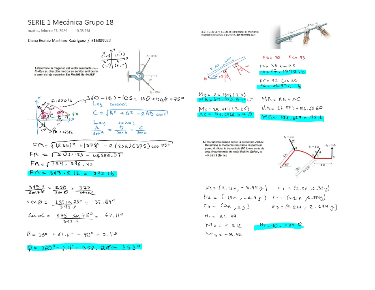 Serie 1 Mecanica - SERIE 1 Mecánica Grupo 18 0 ft martes, febrero 27 ...