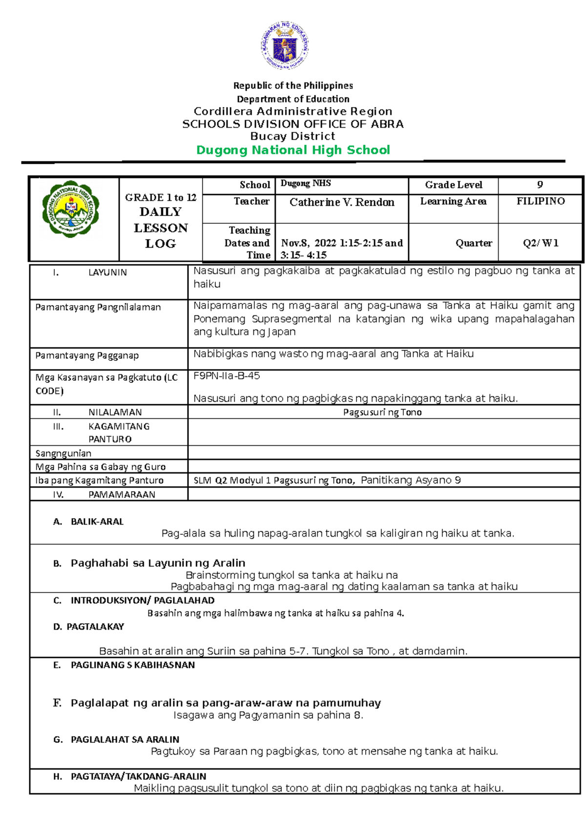 FIL 9 - Q2 D2 - lesson plan in filipino - Republic of the Philippines ...