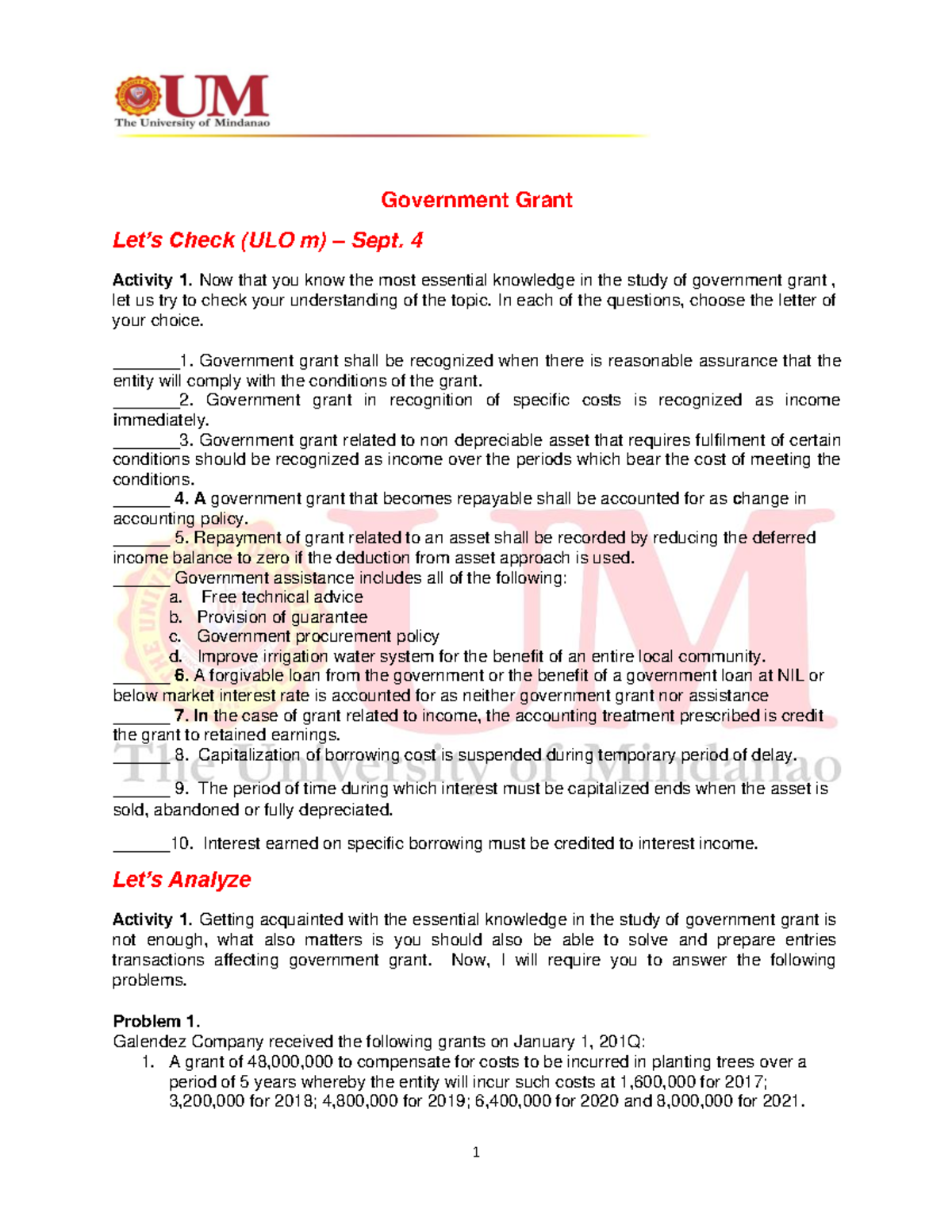 Government Grant - 1 Government Grant Let’s Check (ULO m) – Sept. 4 ...