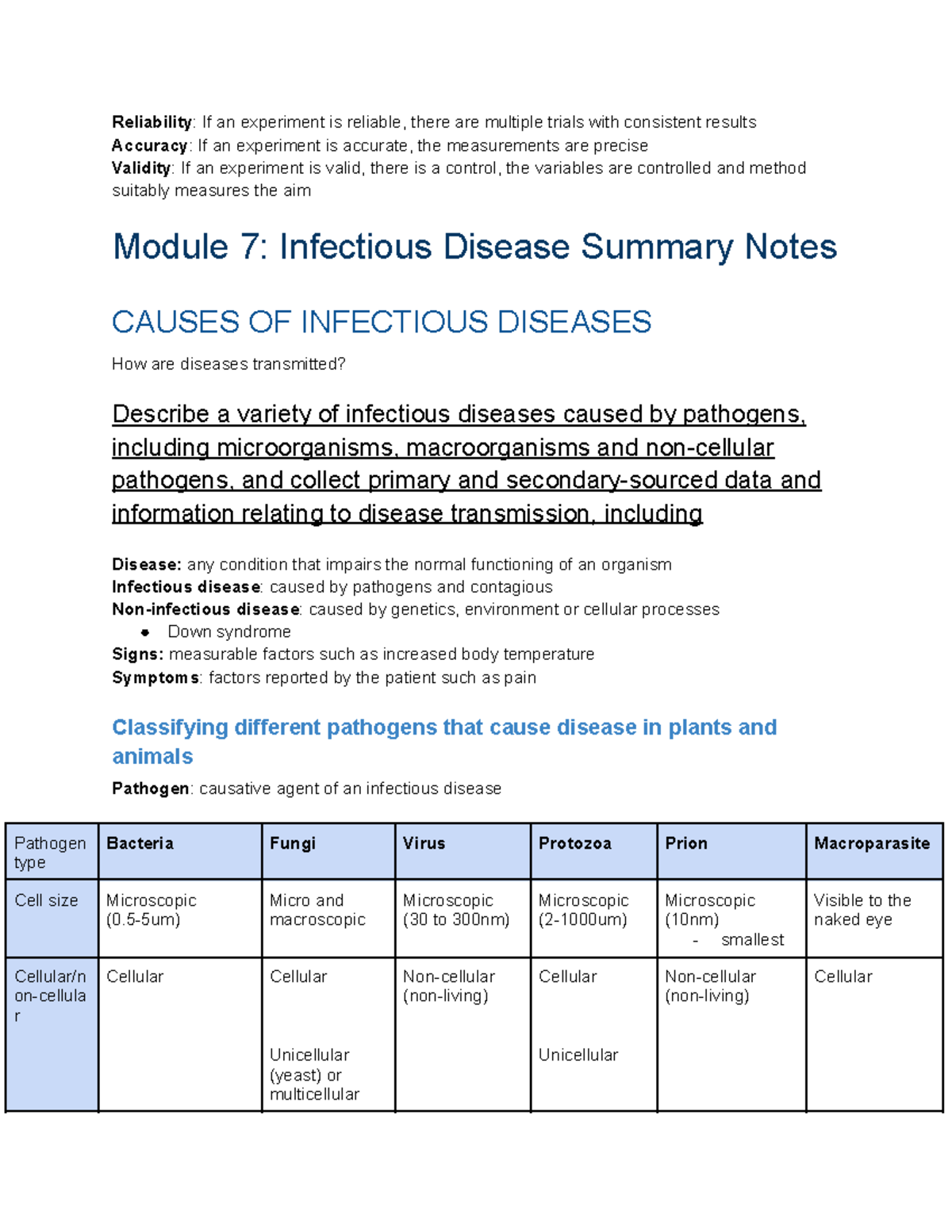 Module 7 Infectious Disease Summary Notes - Reliability: If an ...