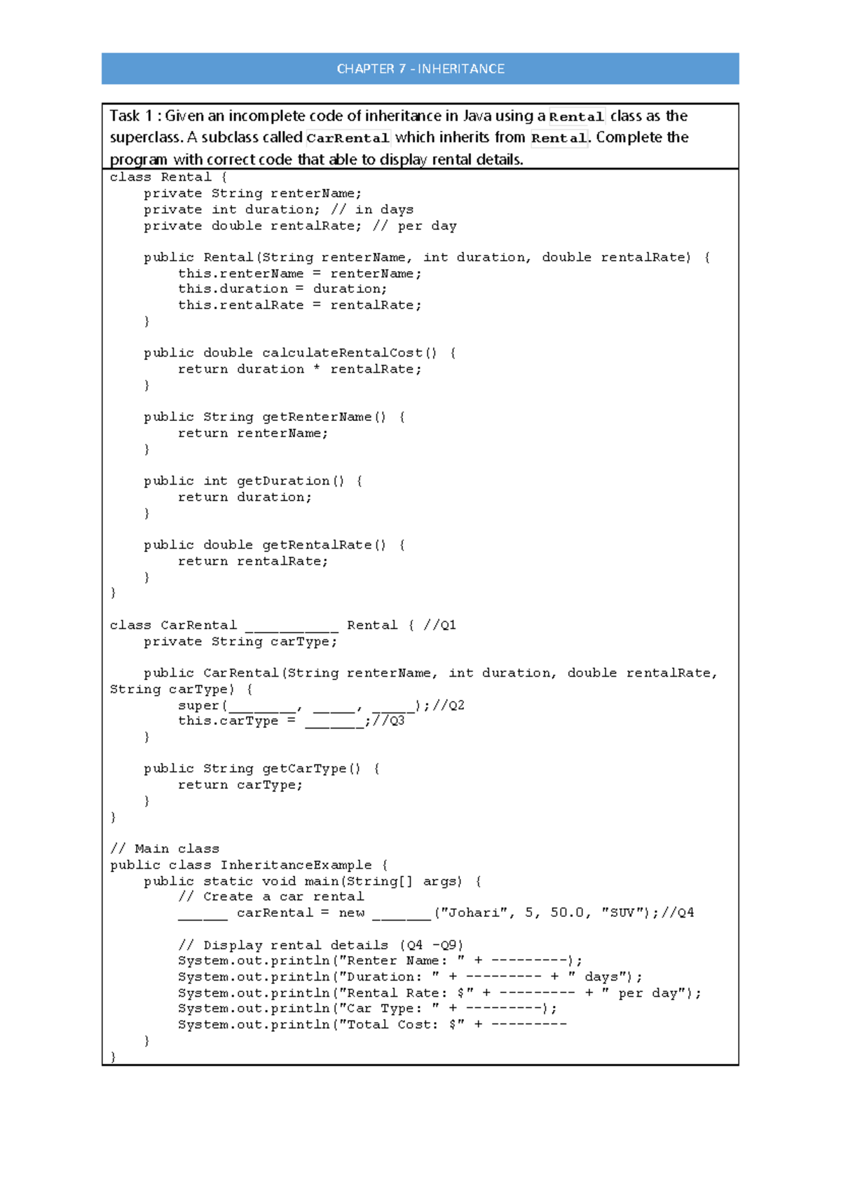 Indidvidual Task - Inheritance 11th May 2024 - CHAPTER 7 - INHERITANCE Task 1 : Given an ...