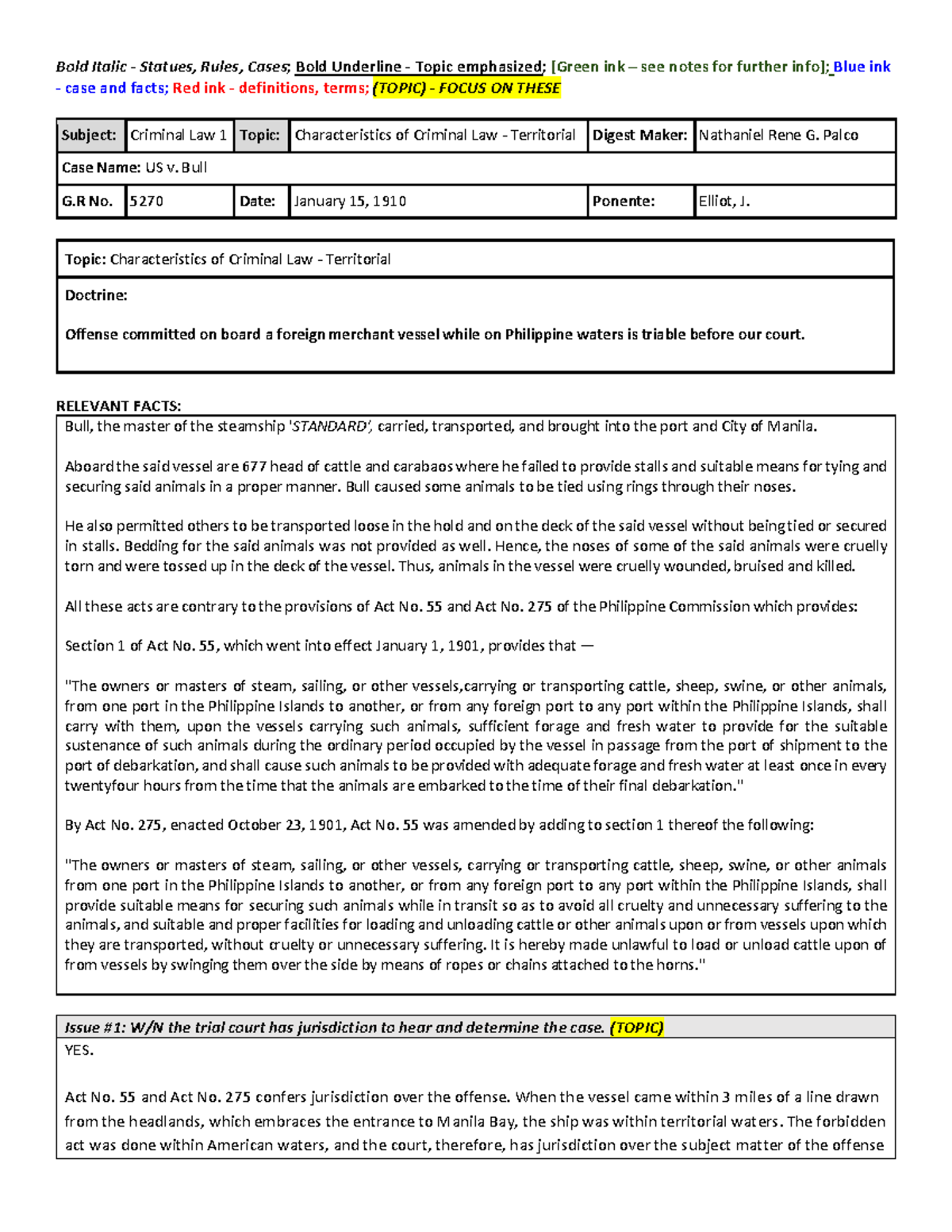 Palco US v. Bull - lecture notes - Bold Italic - Statues, Rules, Cases ...