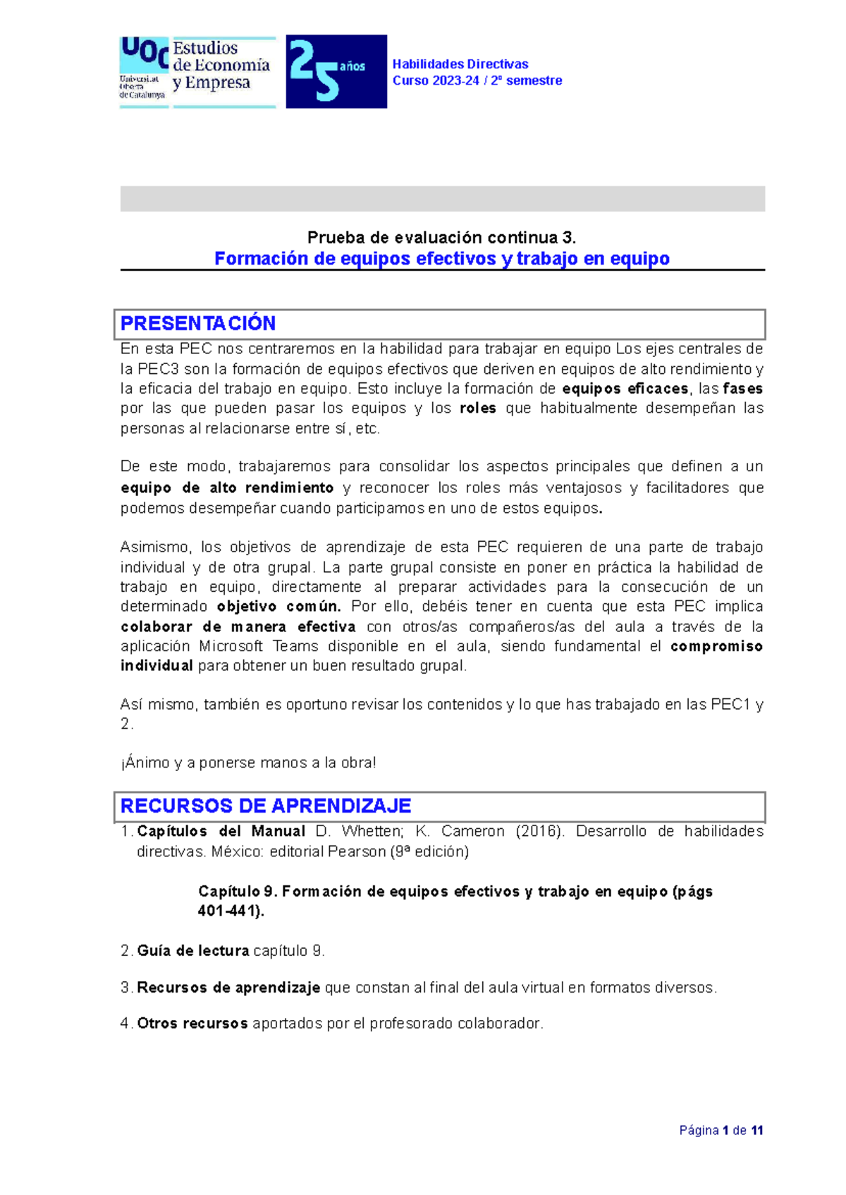 PEC 3 Habilidades Directivas - Habilidades Directivas Curso 2023-24 / 2º semestre Prueba de ...