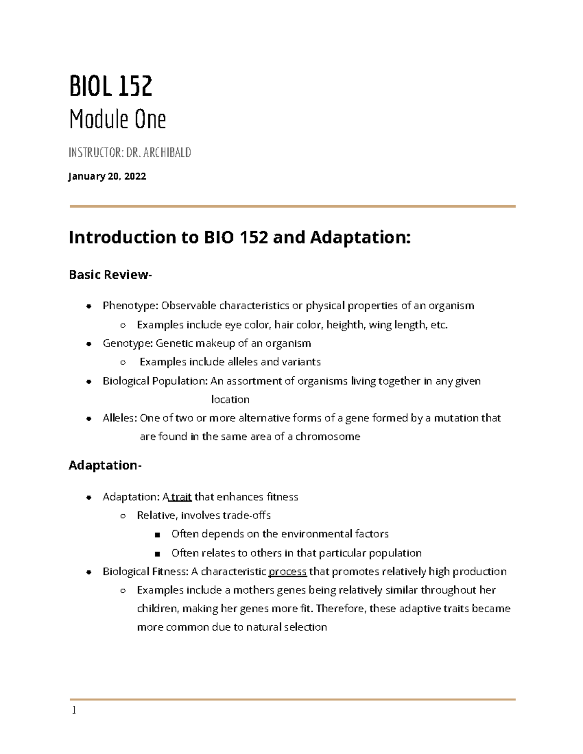 Biol 152 Module 1 - Addison Cheatham - BIOL 152 Module One INSTRUCTOR ...