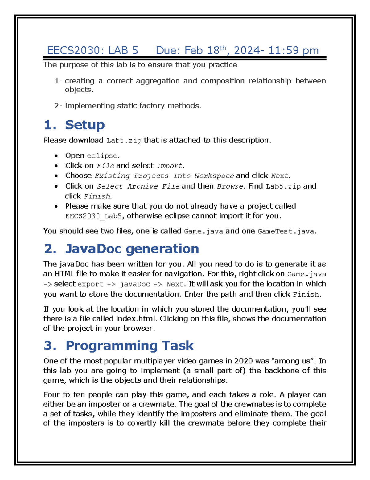 Lab5 CLO4 - LAB 5 - EECS2030: LAB 5 Due: Feb 18 th , 202 4 - 11:59 pm The purpose of this lab is ...