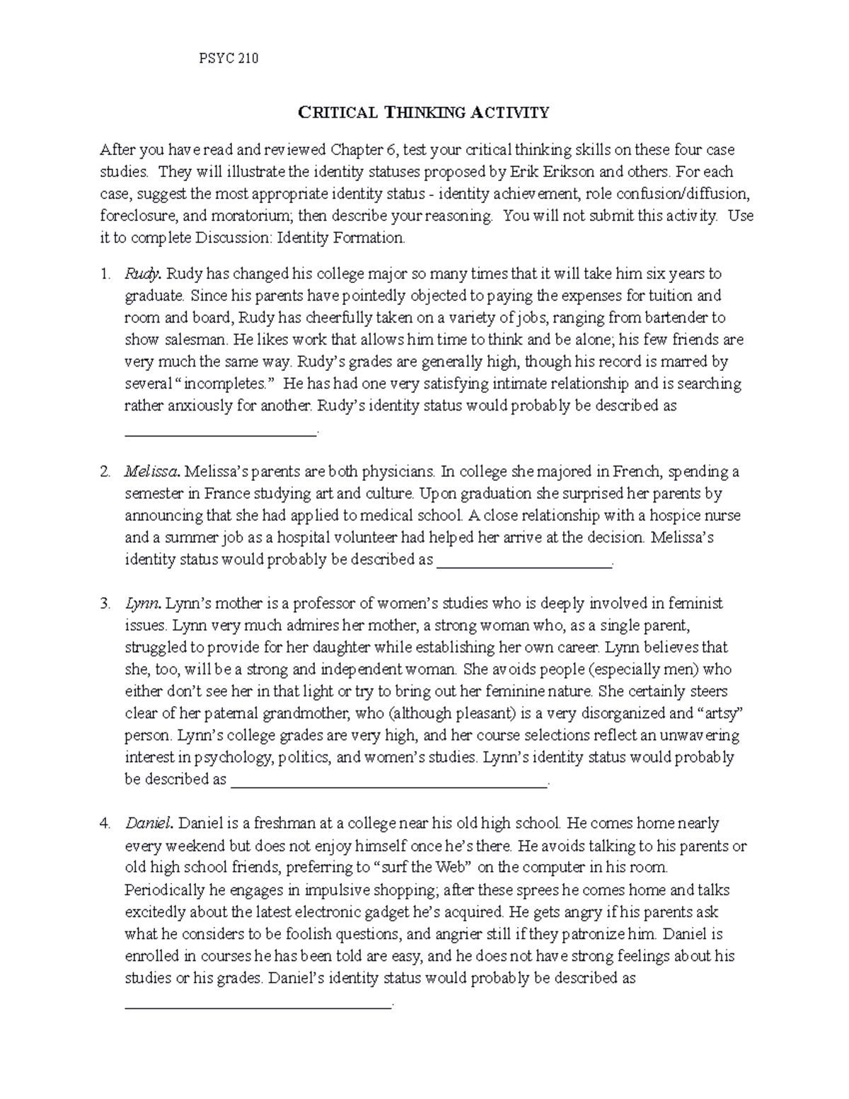 Critical Thinking Activity - PSYC 210 CRITICAL THINKING ACTIVITY After ...