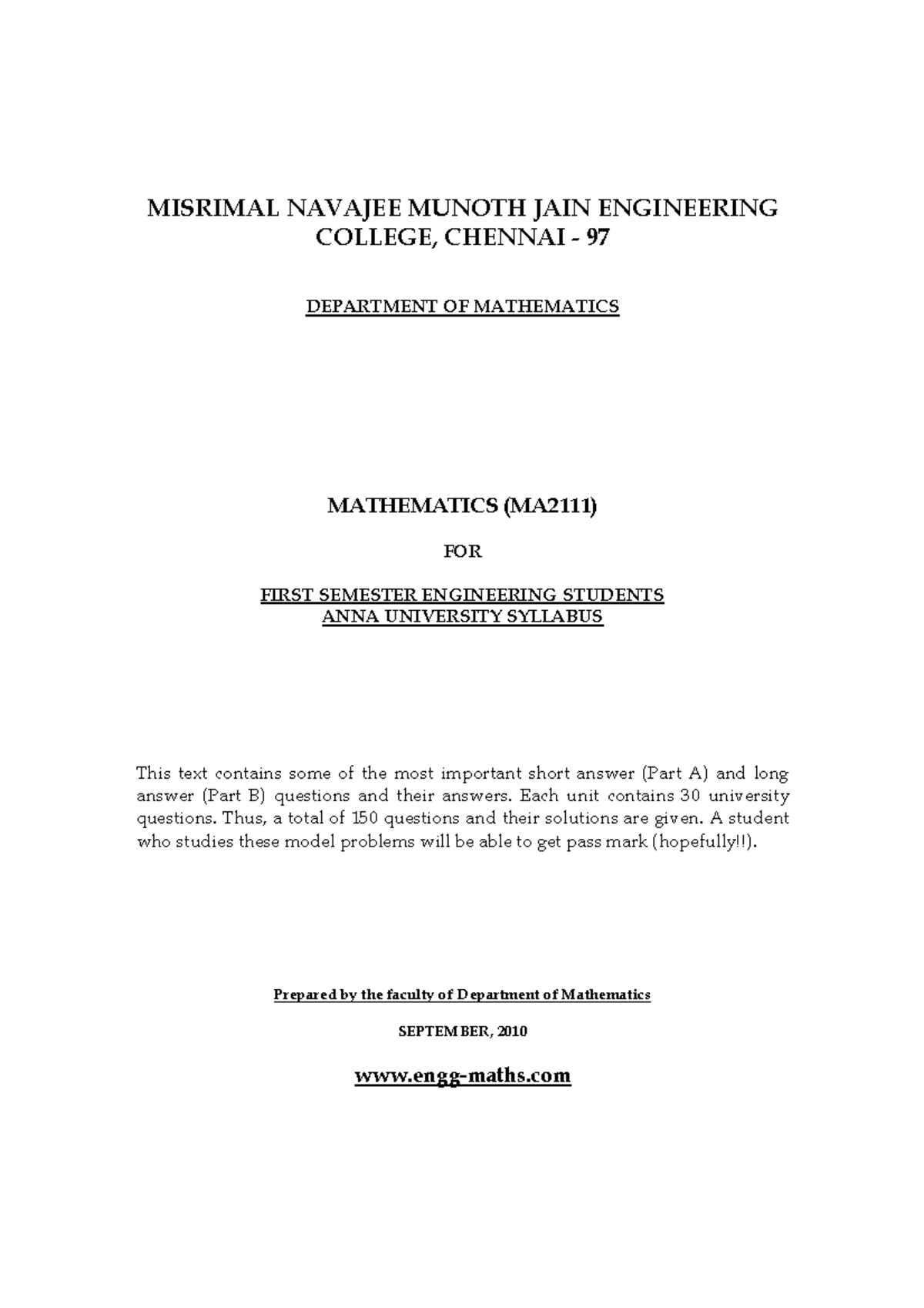 MA2111 Mathematics-1 - Worksheets, tutorial, practicals - MISRIMAL ...